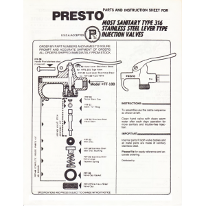 Parts List for Presto Stainless Steel Lever type Injection Valve