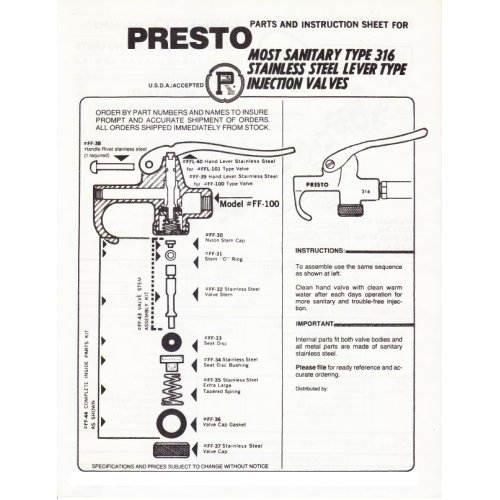 Parts List for Presto Stainless Steel Lever type Injection Valve